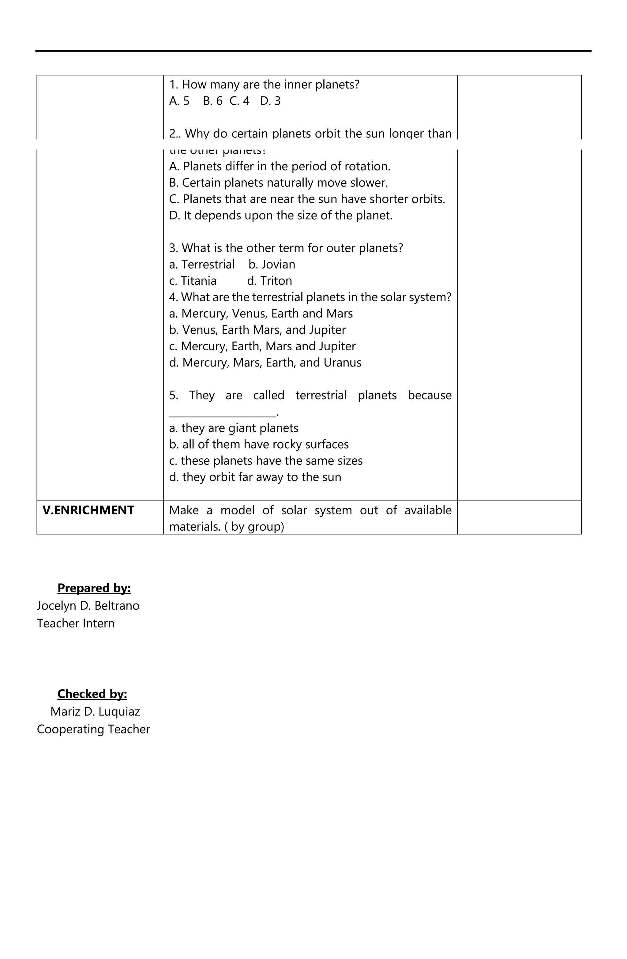 THE GRADE- 6 COT- SOLAR SYSTEM LESSON PLAN | DOCX