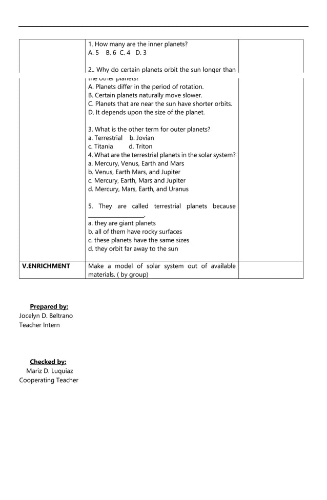THE GRADE- 6 COT- SOLAR SYSTEM LESSON PLAN | DOCX