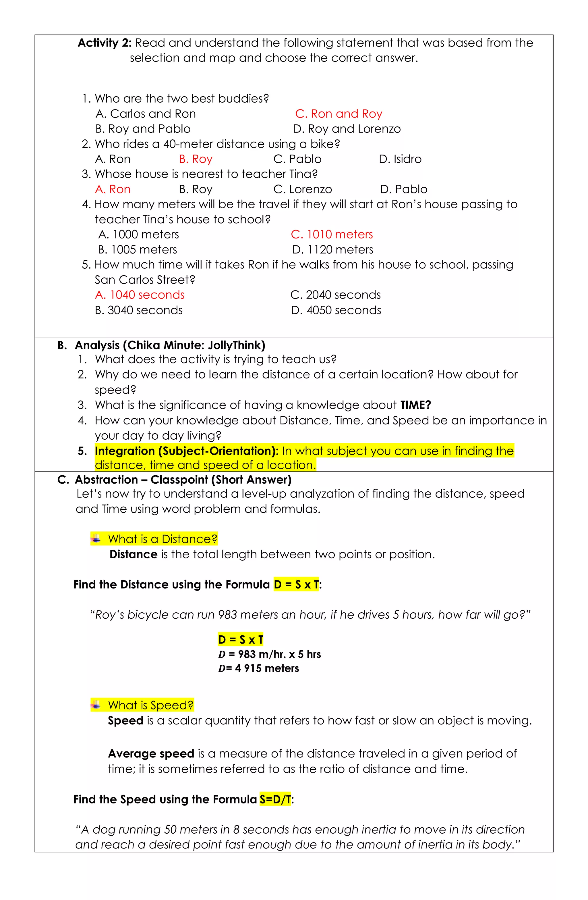 4A's SAMPLE LESSON PLAN- SPEED, TIME, & DISTANCE | PDF