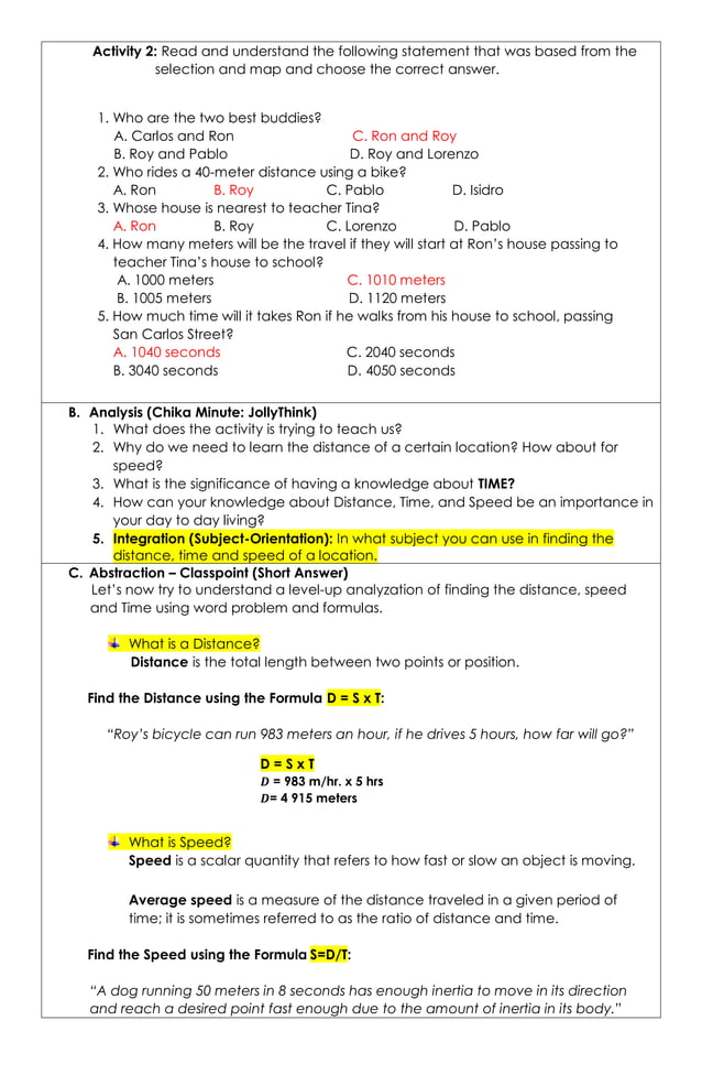 4A's SAMPLE LESSON PLAN- SPEED, TIME, & DISTANCE | PDF