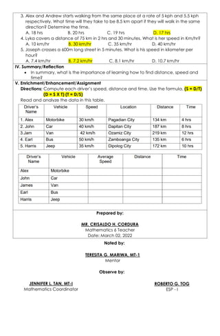 4A's SAMPLE LESSON PLAN- SPEED, TIME, & DISTANCE | PDF