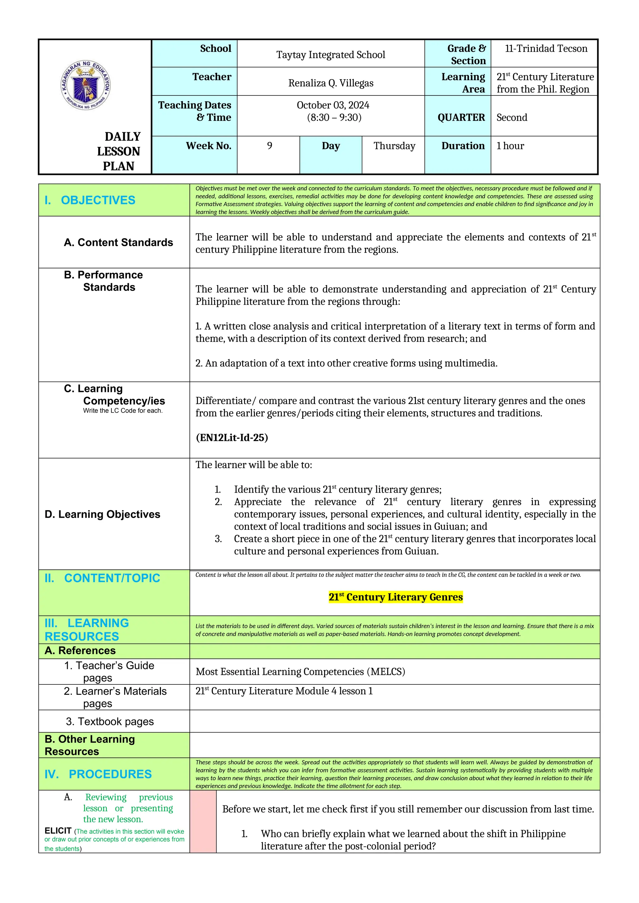 weekly log lesson plan in 21st century from the Philippines to the ...
