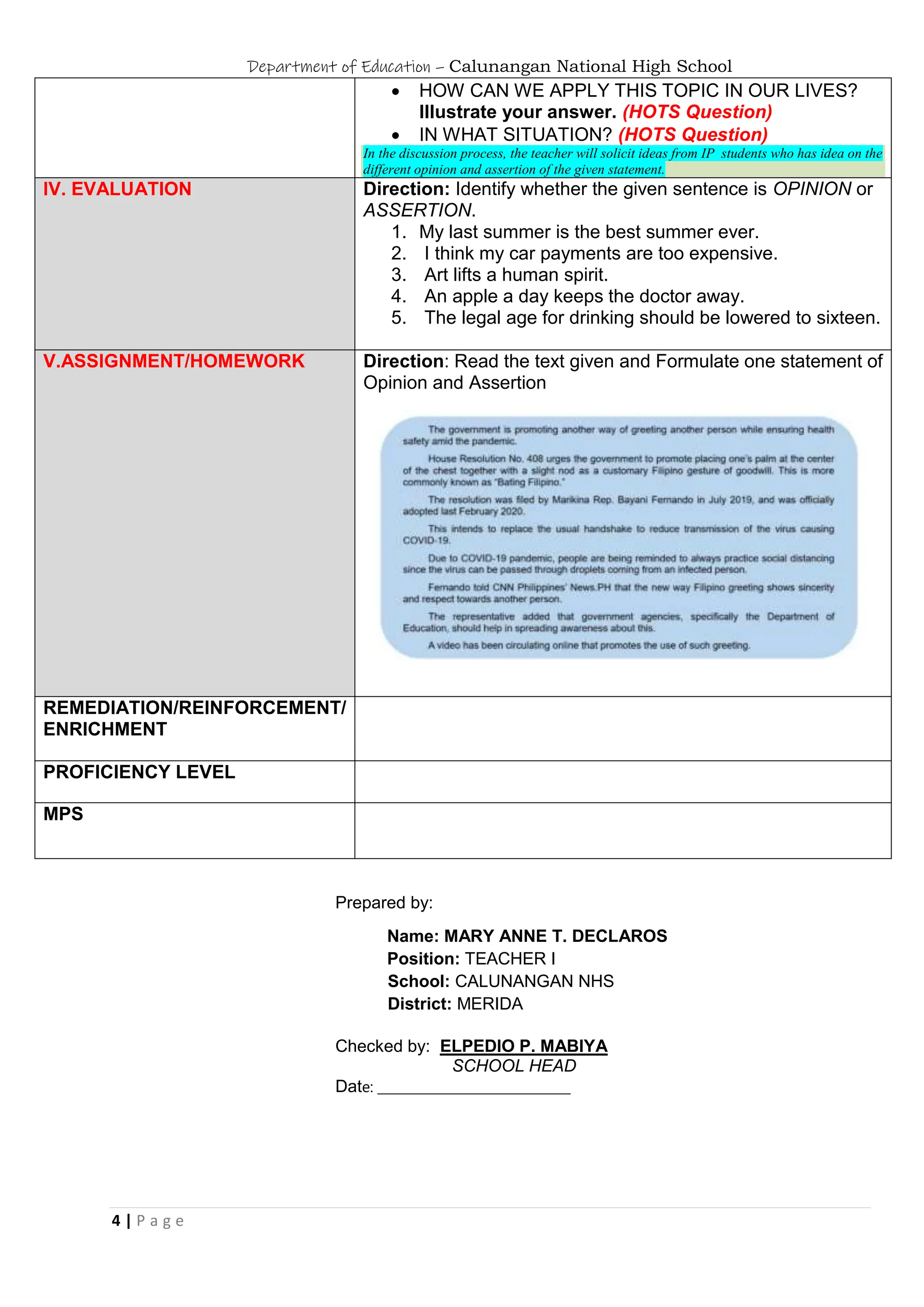 Classroom Observation Daily Lesson Plan | DOCX