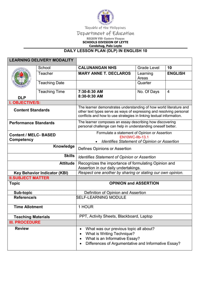 Classroom Observation Daily Lesson Plan | DOCX
