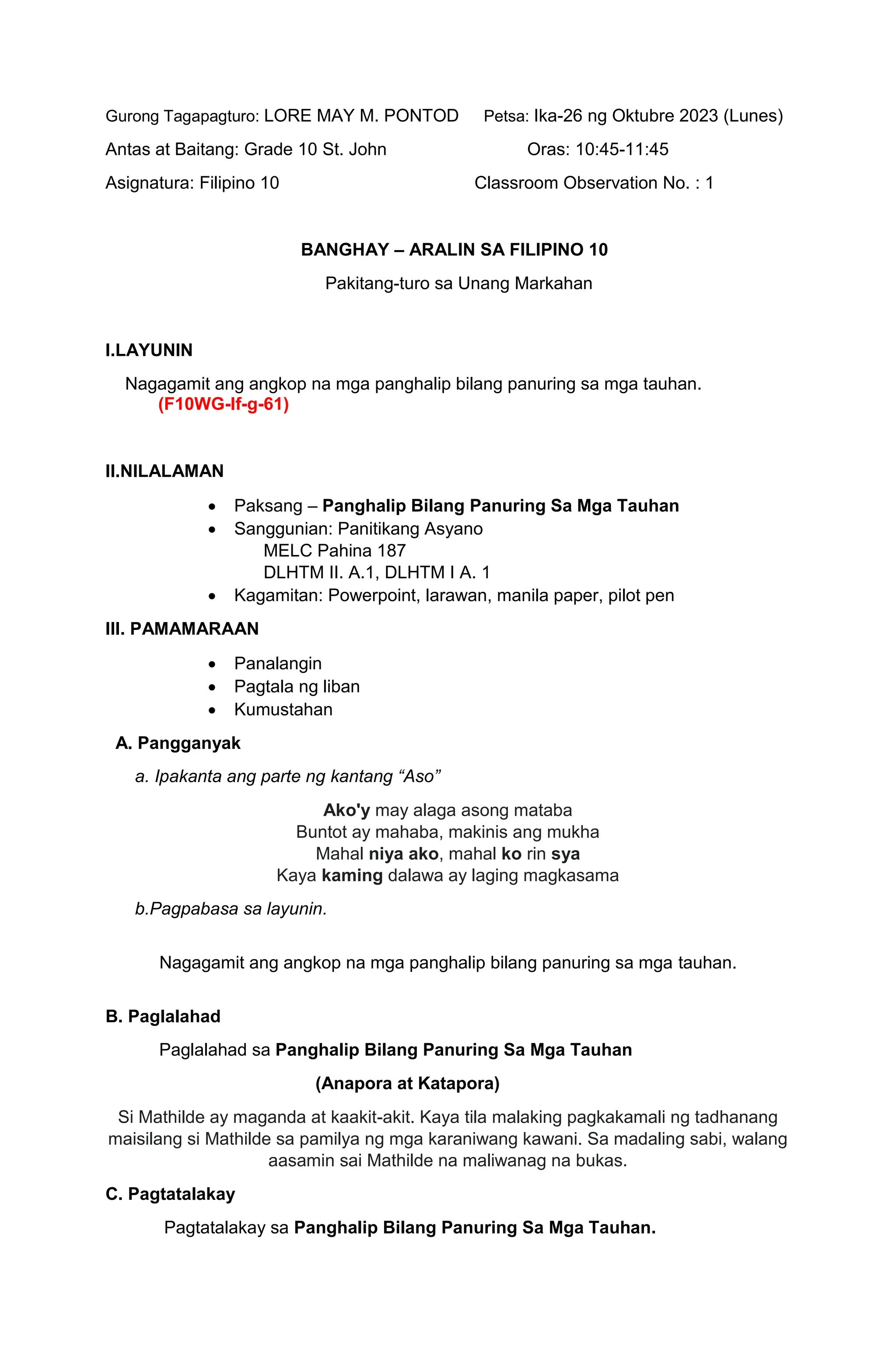 COT1-Fil 10 F10WG-If-g-61 Panghalip Bilang Panuring Sa Mga Tauhan | DOCX