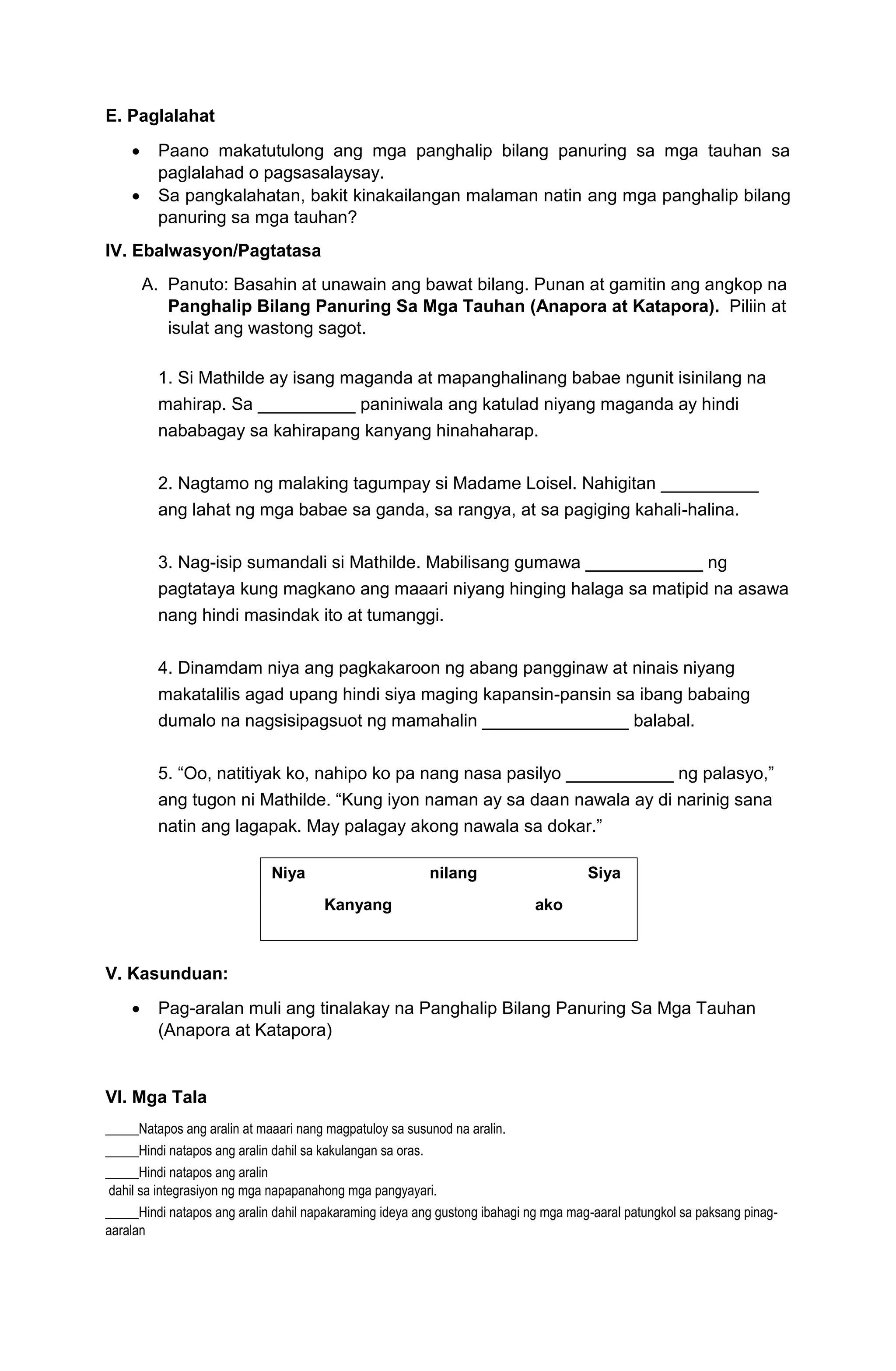 COT1-Fil 10 F10WG-If-g-61 Panghalip Bilang Panuring Sa Mga Tauhan | DOCX