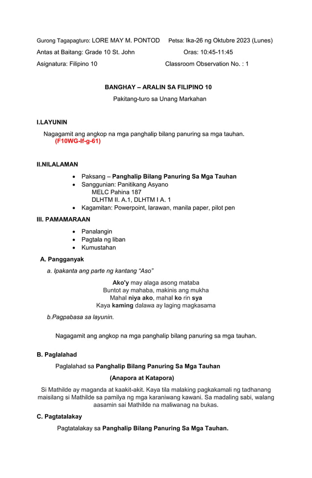 COT1-Fil 10 F10WG-If-g-61 Panghalip Bilang Panuring Sa Mga Tauhan | DOCX