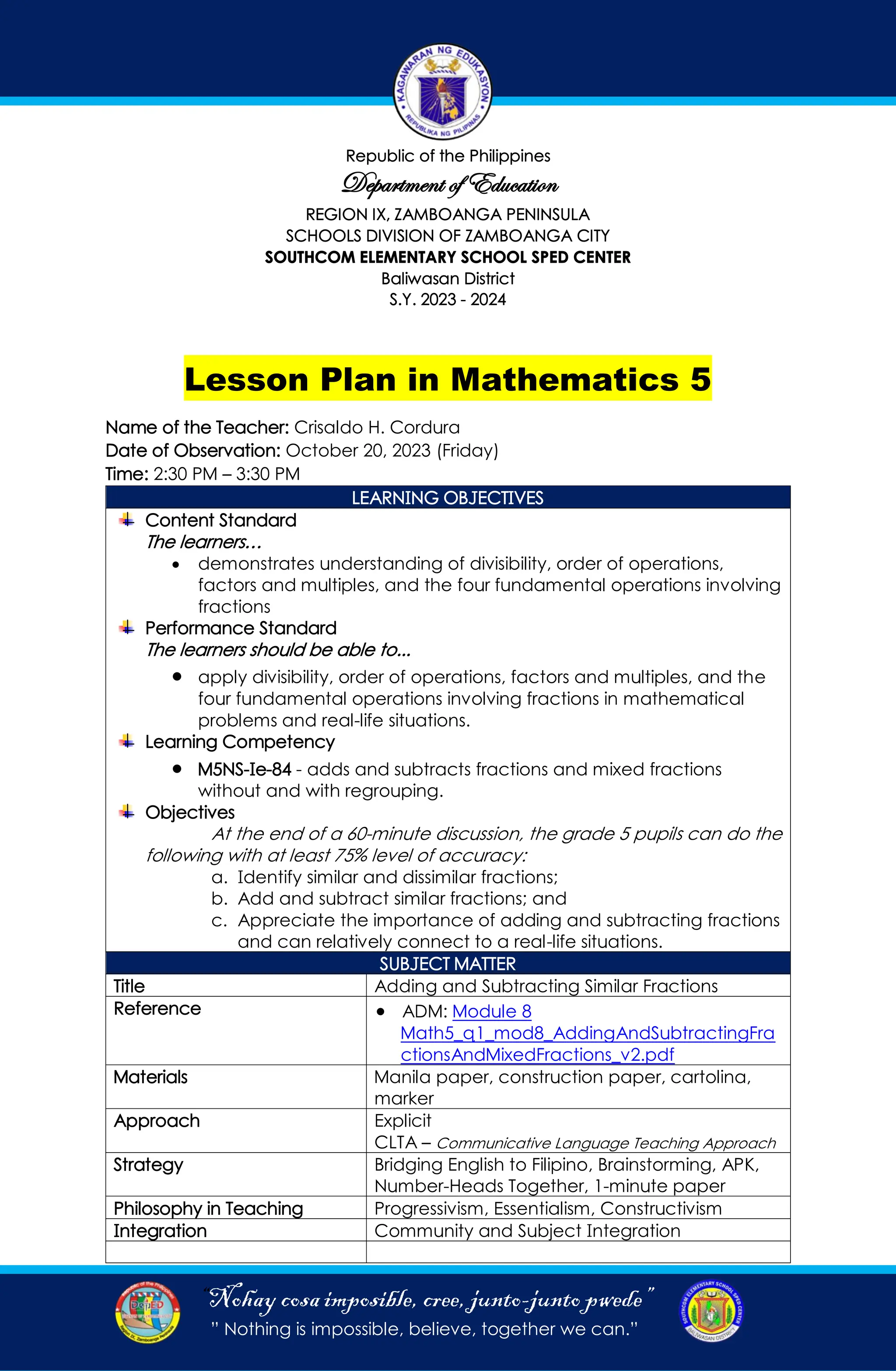 COT LESSON PLAN ADDING AND SUBTRACTING SIMILAR FRACTIONS - EXPLICIT | PDF