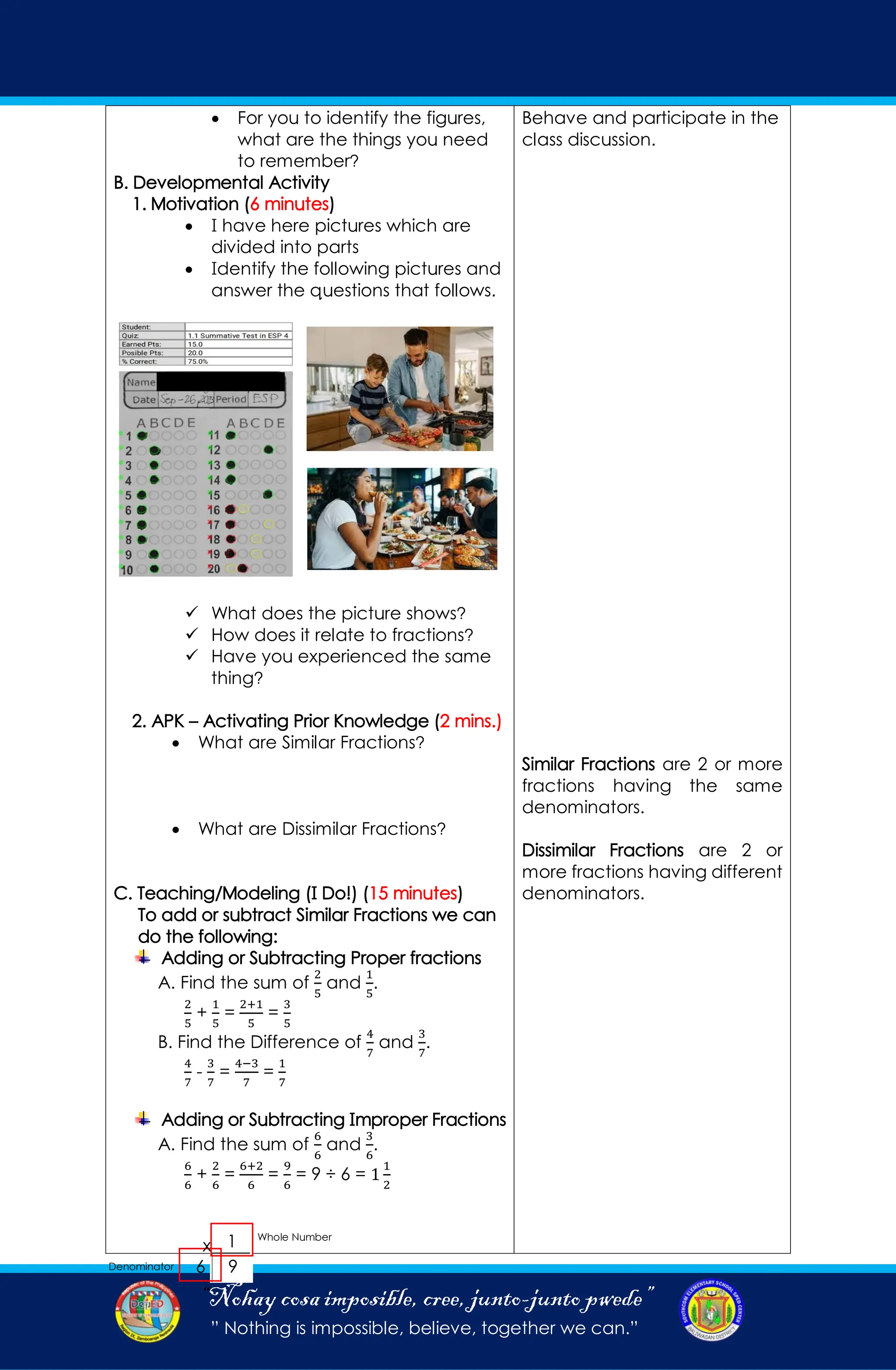 COT LESSON PLAN ADDING AND SUBTRACTING SIMILAR FRACTIONS - EXPLICIT | PDF