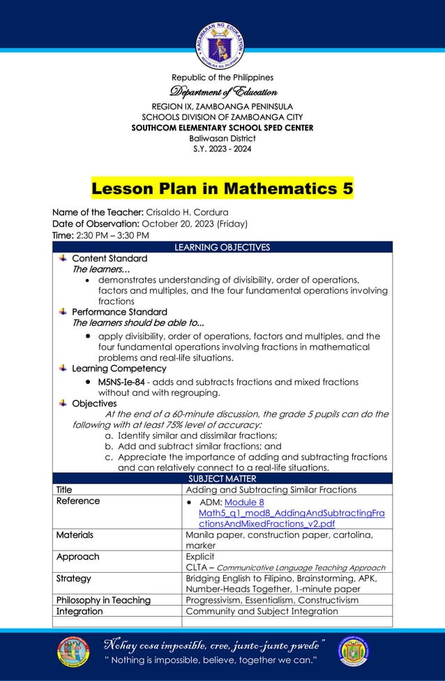 COT LESSON PLAN ADDING AND SUBTRACTING SIMILAR FRACTIONS - EXPLICIT | PDF | Homework and Study ...