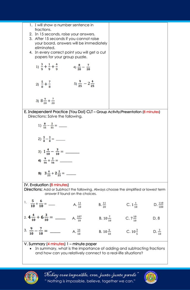 COT LESSON PLAN ADDING AND SUBTRACTING SIMILAR FRACTIONS - EXPLICIT | PDF | Homework and Study ...