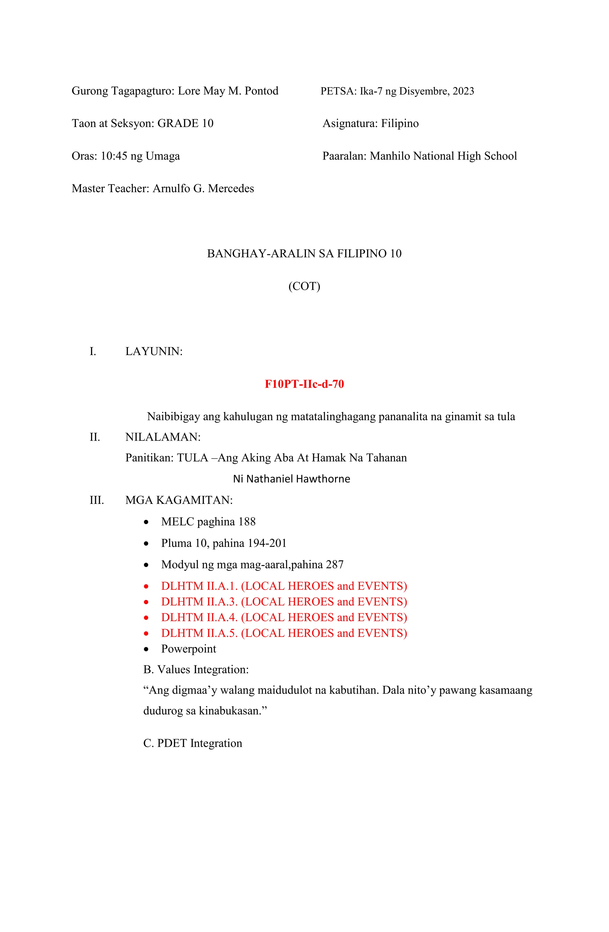 COT 2-Filipino 10 F10PT-IIc-d-70 TULA –Ang Aking Aba At Hamak Na ...