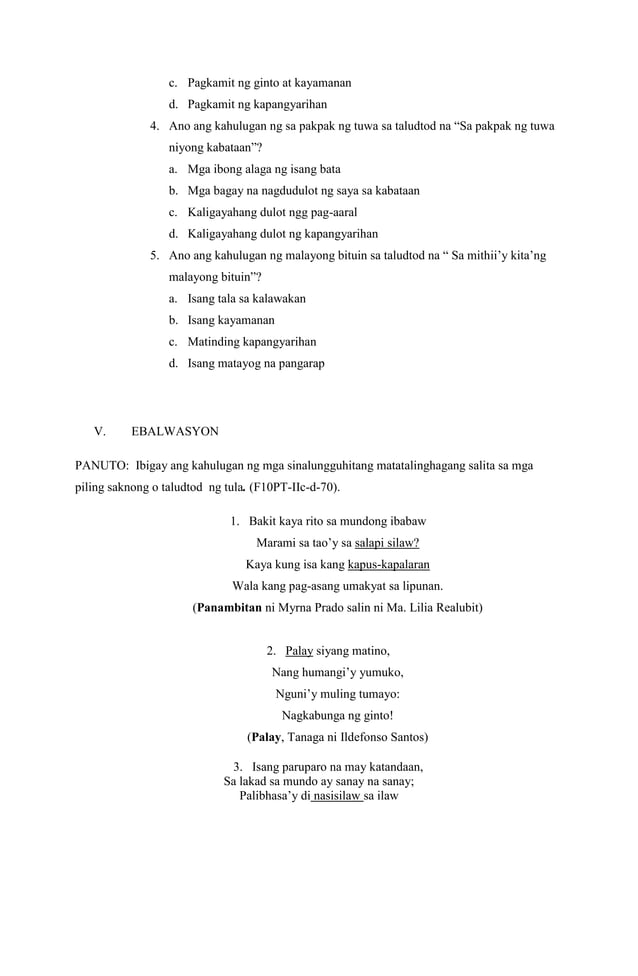 COT 2-Filipino 10 F10PT-IIc-d-70 TULA –Ang Aking Aba At Hamak Na Tahanan | PDF
