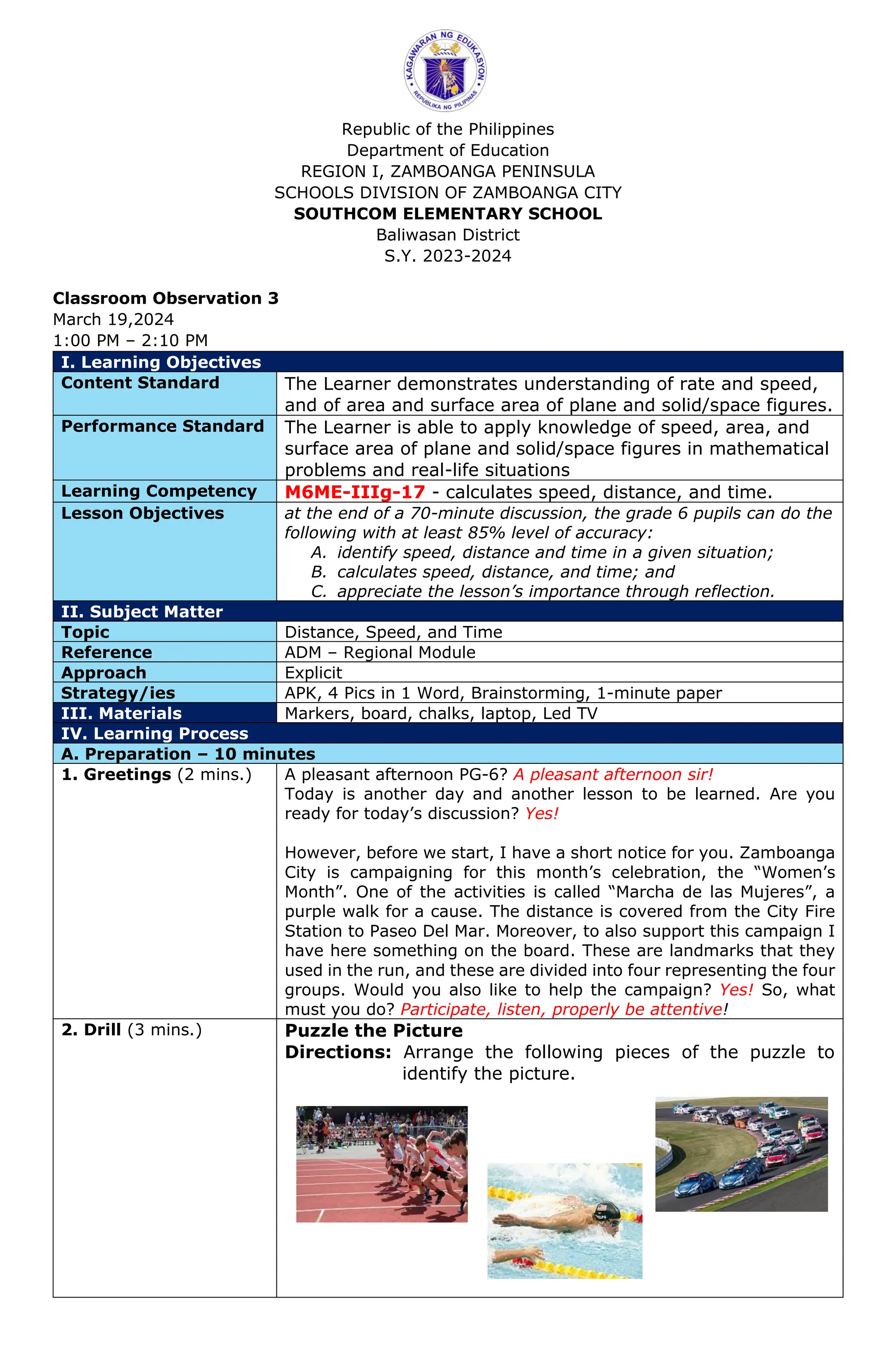 Lesson Plan for Mathematics 6, Speed Distance Time, Third Quarter ...