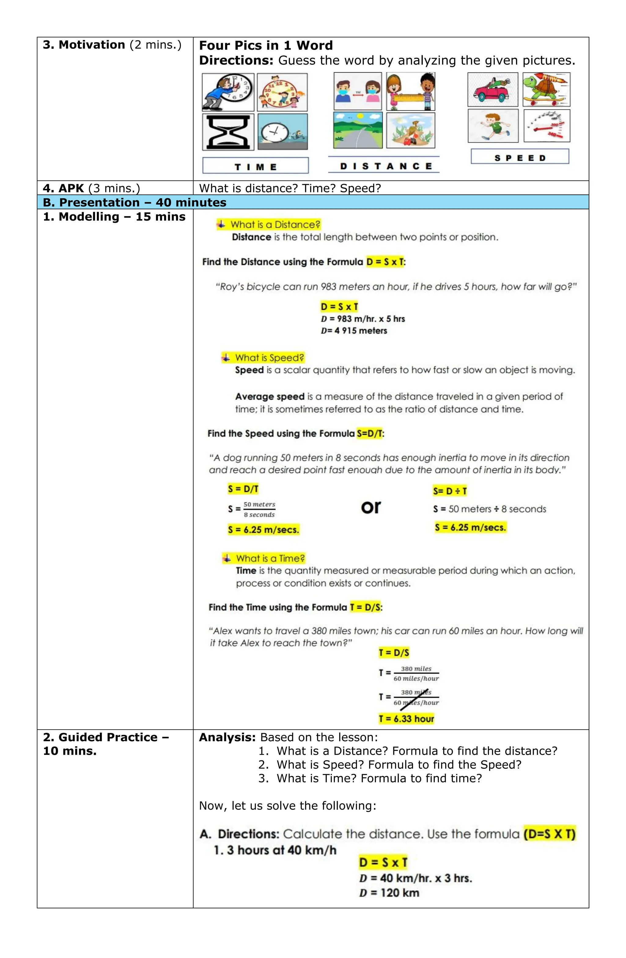 Lesson Plan for Mathematics 6, Speed Distance Time, Third Quarter ...