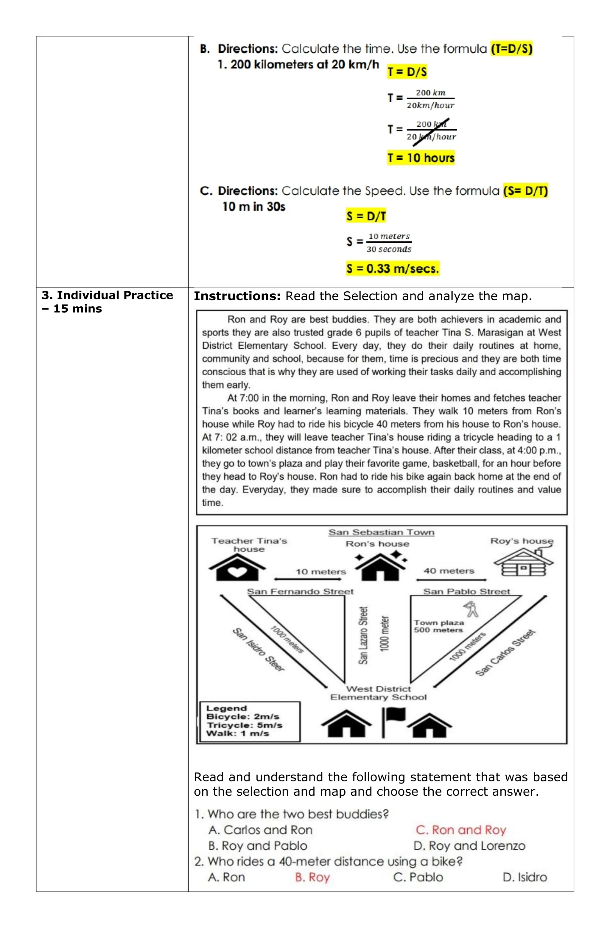 Lesson Plan for Mathematics 6, Speed Distance Time, Third Quarter ...