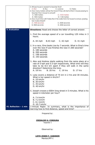 Lesson Plan for Mathematics 6, Speed Distance Time, Third Quarter ...