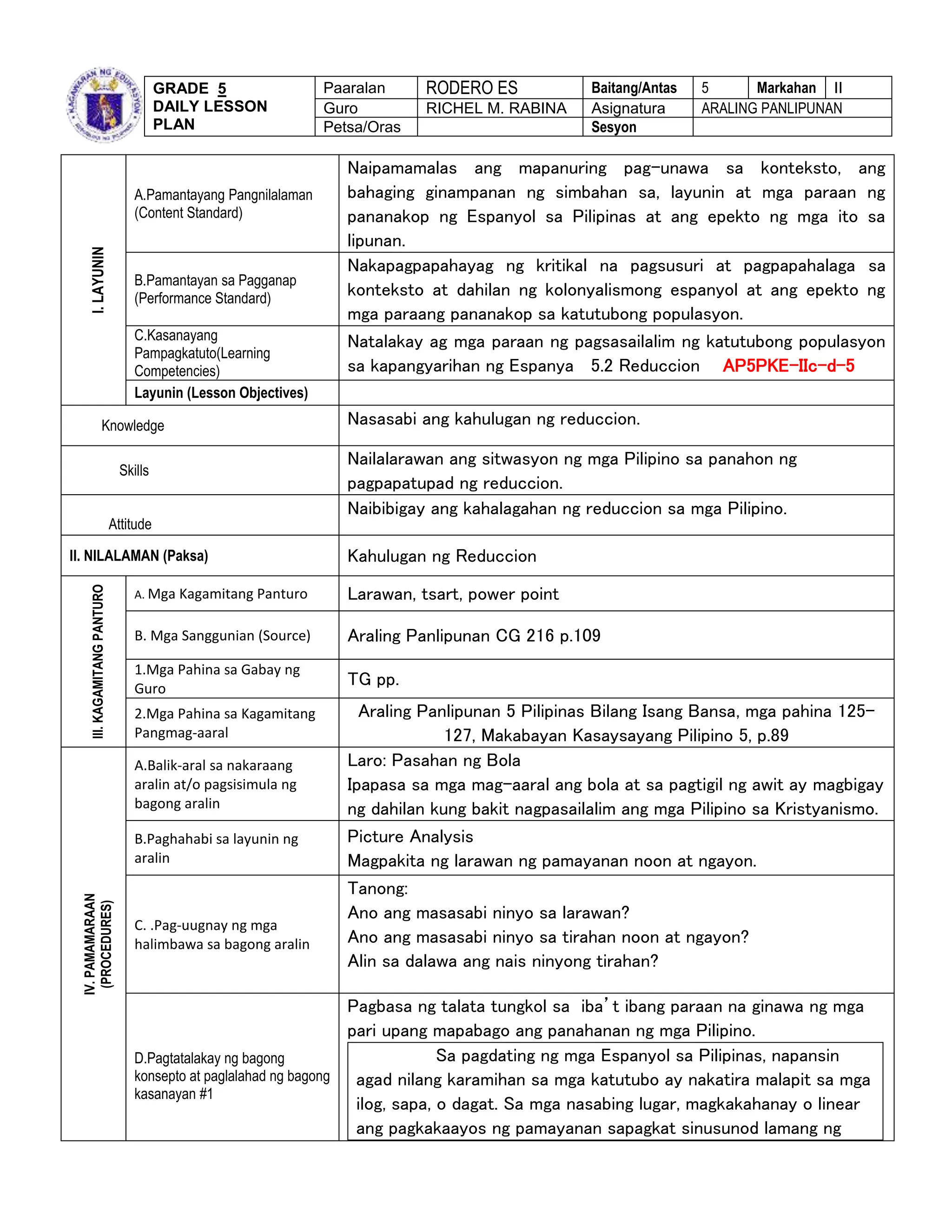classroom observation Araling panlipunan grade 5 | DOCX