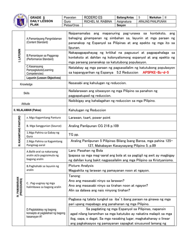 classroom observation Araling panlipunan grade 5 | DOCX
