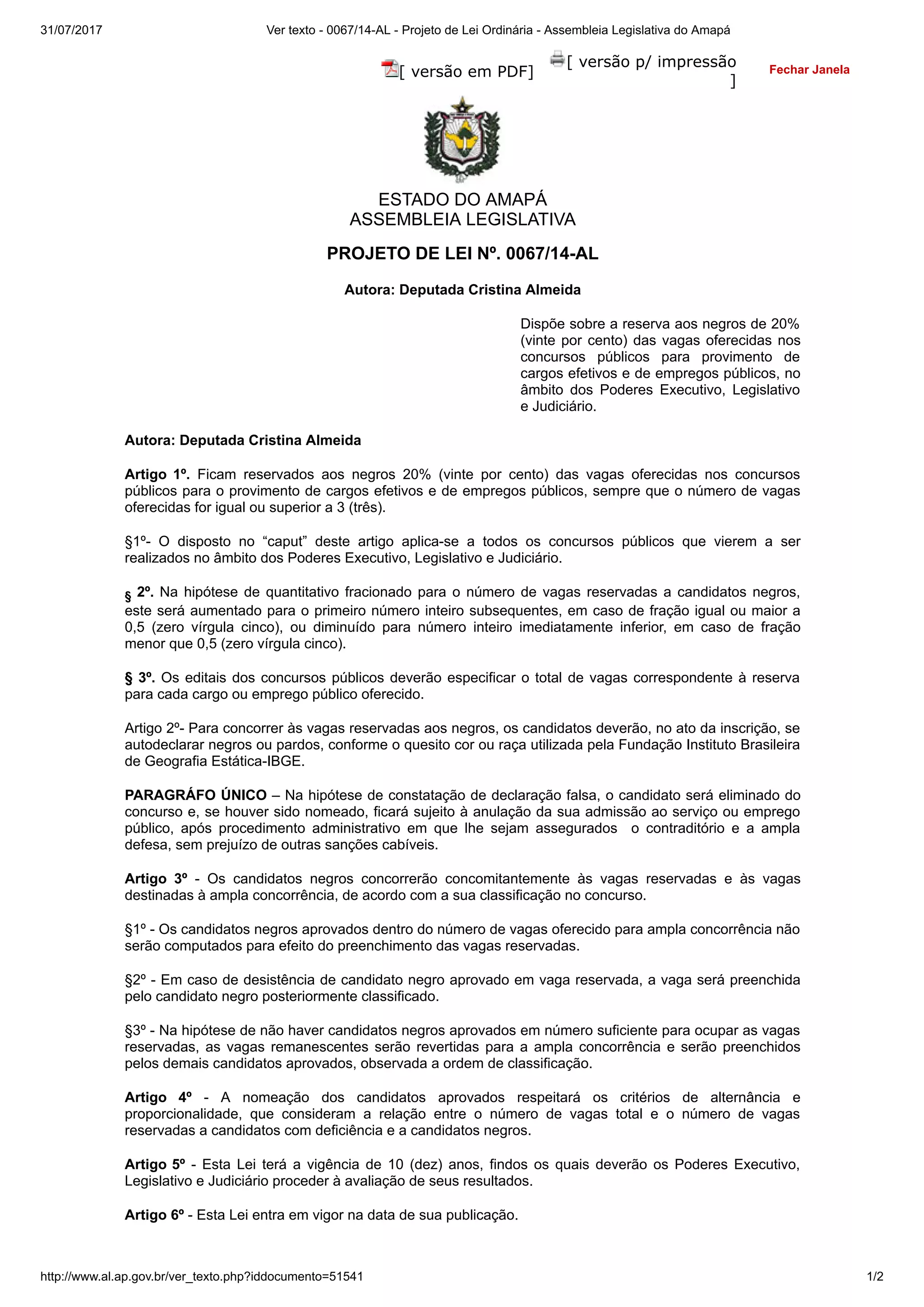 Lei de Cotas Raciais para Negros em concursos do Amapá | PDF