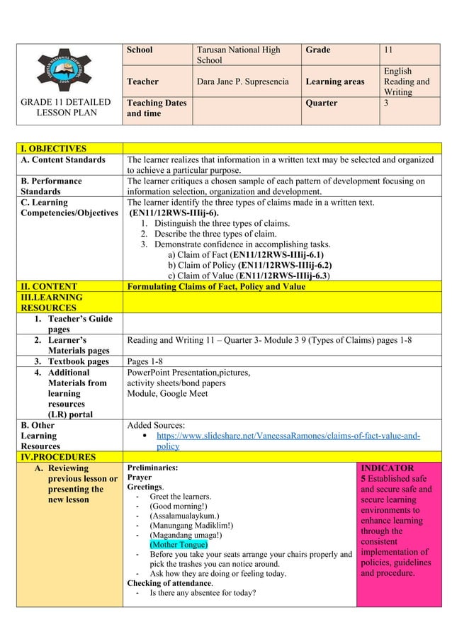 cot dara tnhs.docx detailed lesson plan in reading and writing | DOCX