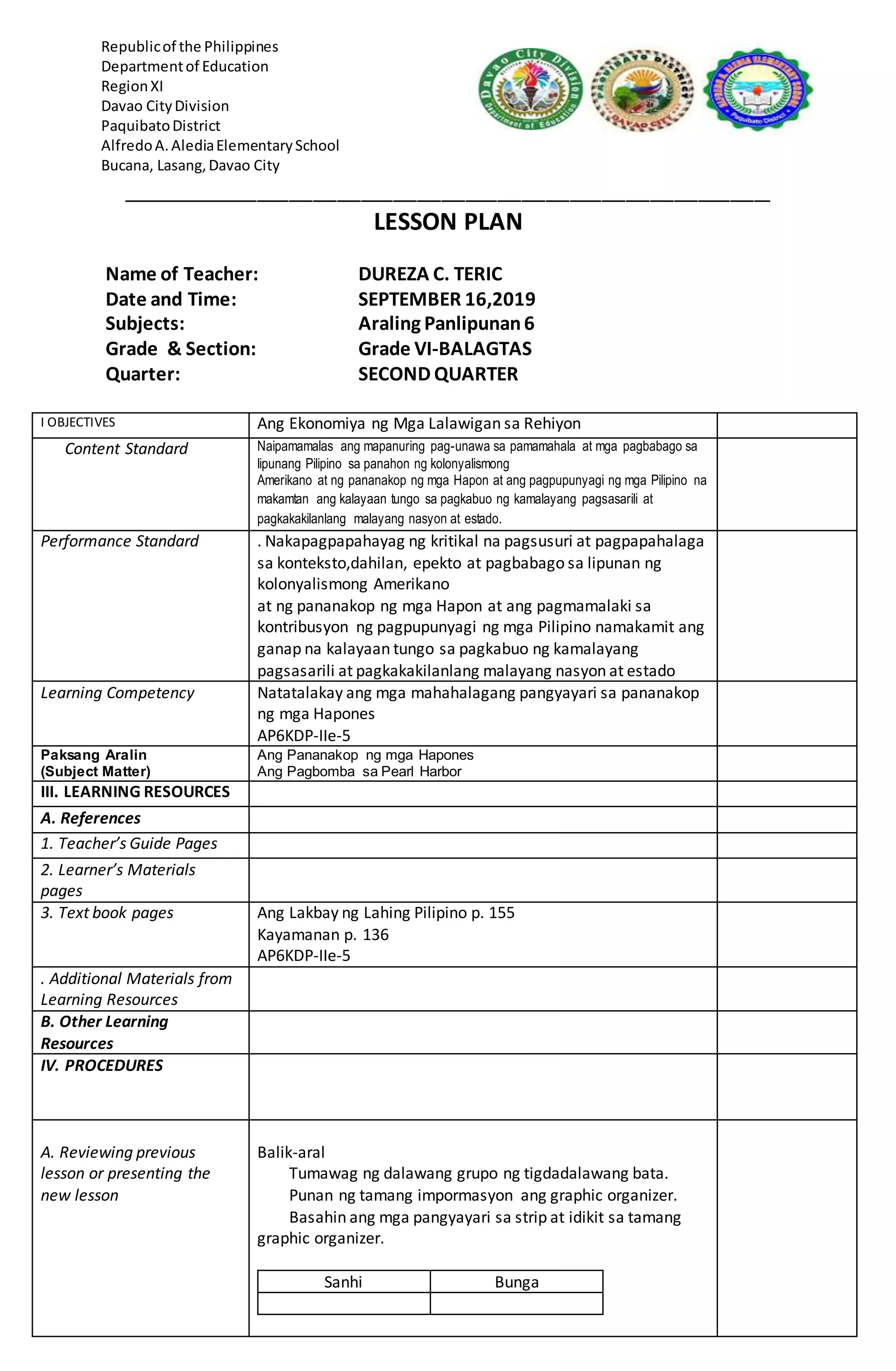 Cot dlp araling panlipunan 6 q2 | DOCX