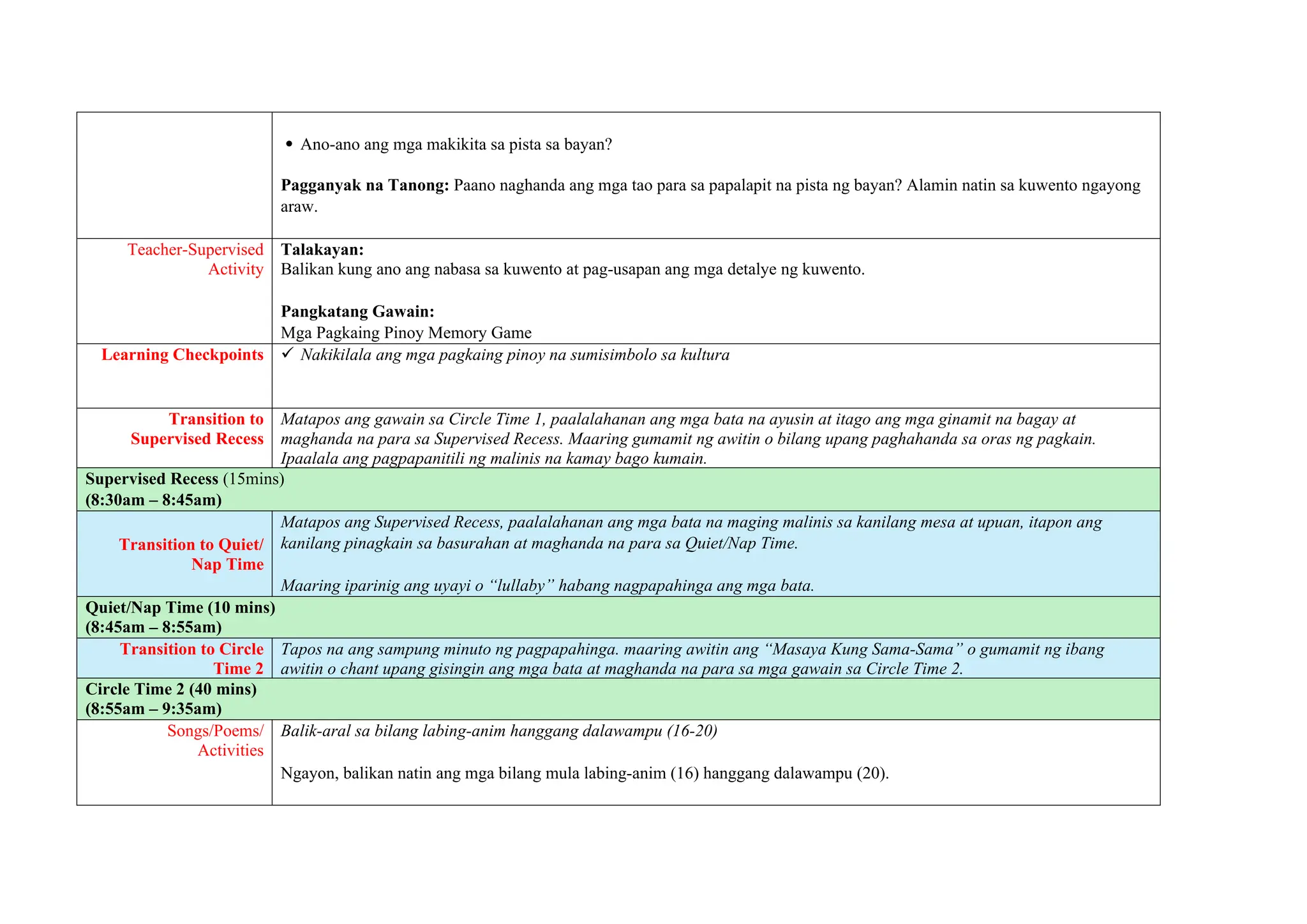 COT Lesson Plan Kindergarten Fourth Quarter | DOCX
