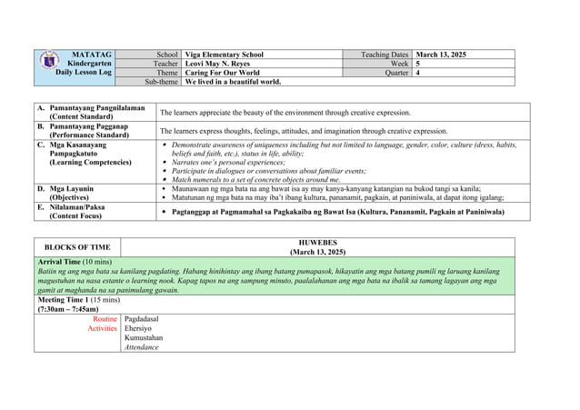 COT Lesson Plan Kindergarten Fourth Quarter | DOCX
