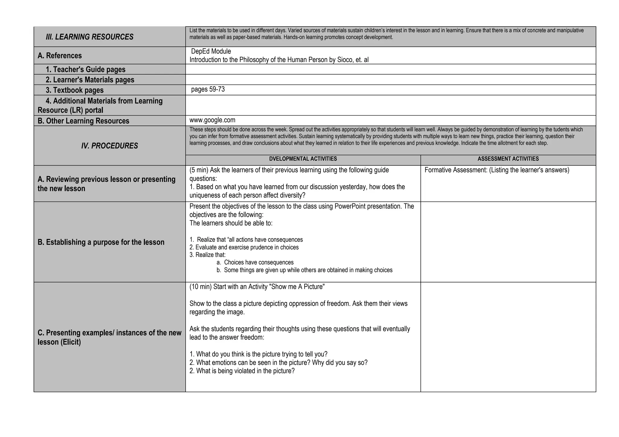 Lesson Plan Introduction to Philosophy of the Human Person | DOCX