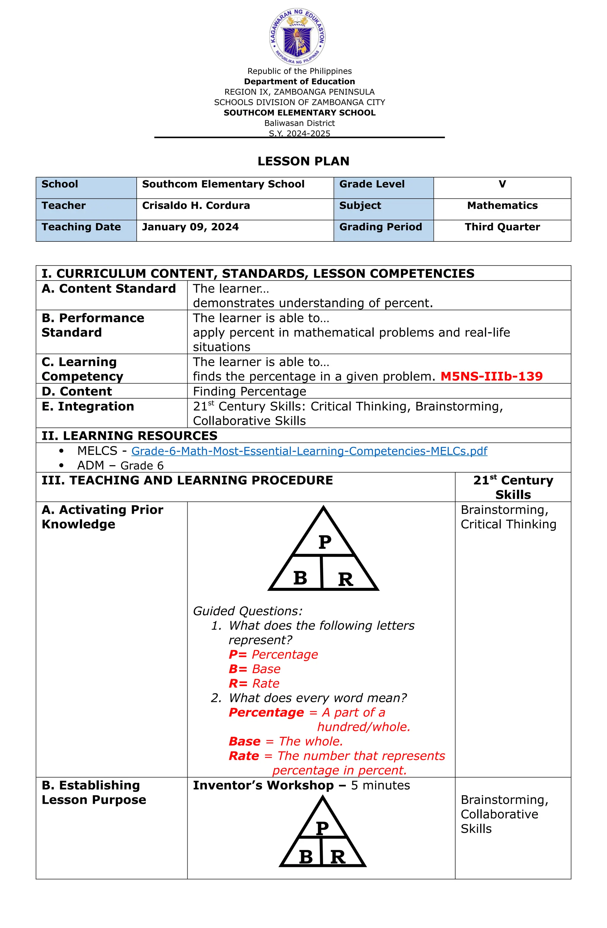 Lesson Plan in Finding Percentage - Grade 5 | DOCX