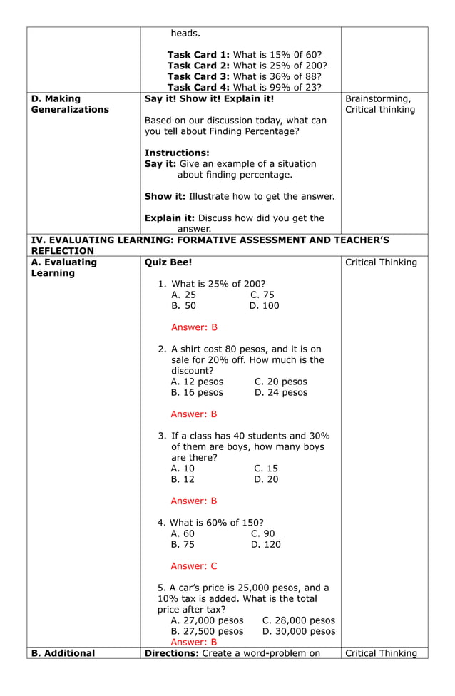 Lesson Plan in Finding Percentage - Grade 5 | DOCX