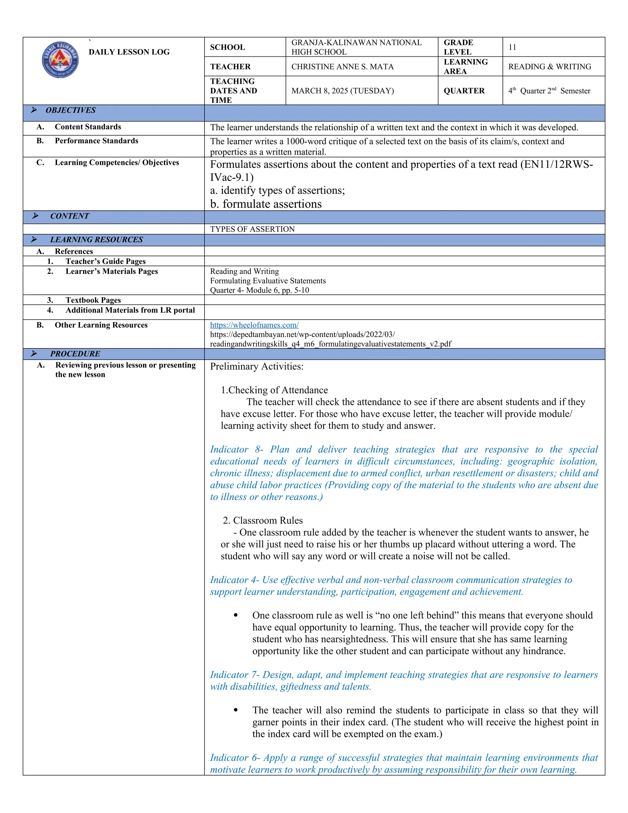Classroom Observation LP in G-11 R&W.docx