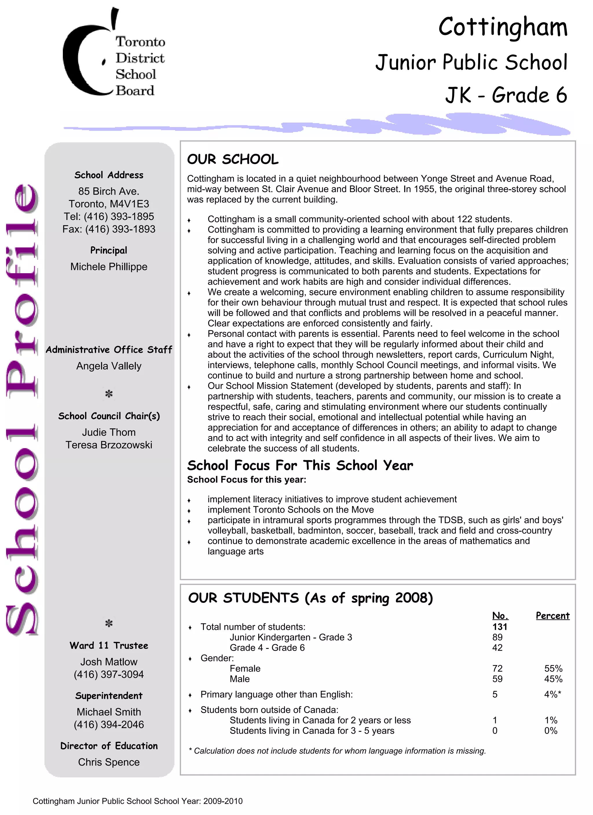 Cottingham Junior Public School Gr JK - 6 Profile | PDF