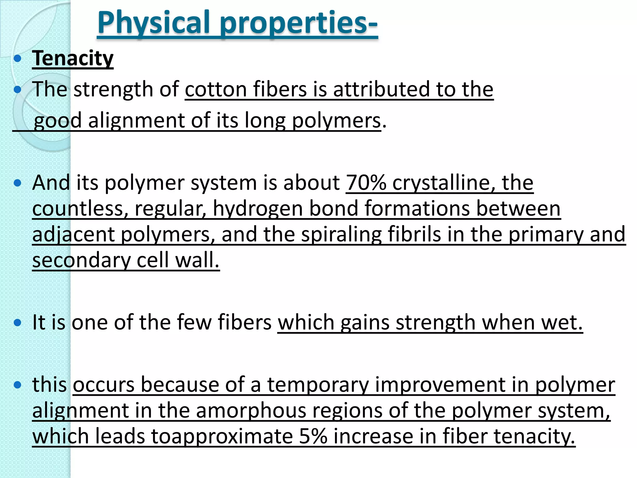 Cotton fiber manufacturing, physical and chemical properties | PPTX
