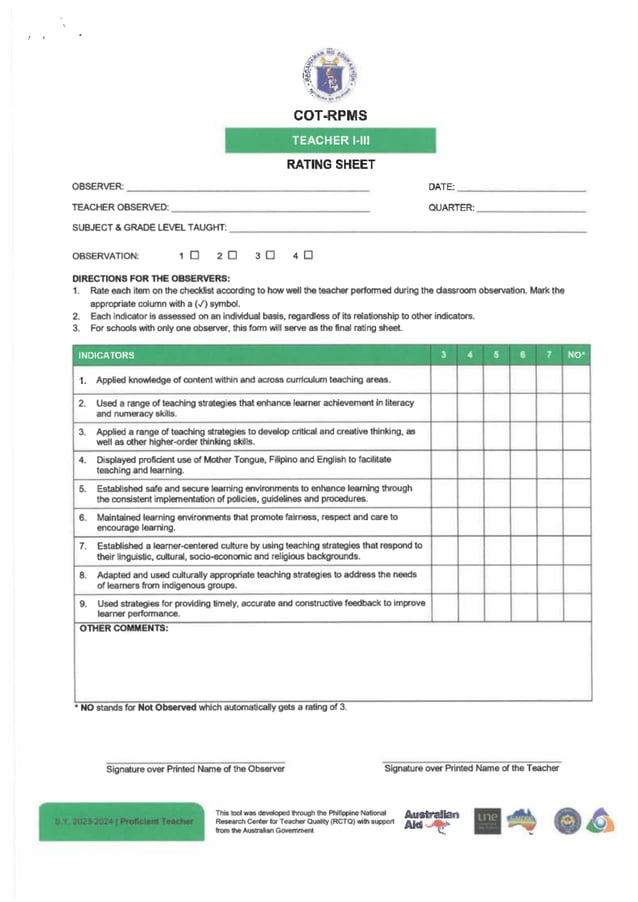 COT Tool 2023-2024.doc | Educational Assessment | Education