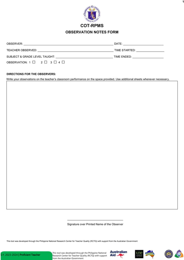 COT Tool 2023-2024.doc | Educational Assessment | Education