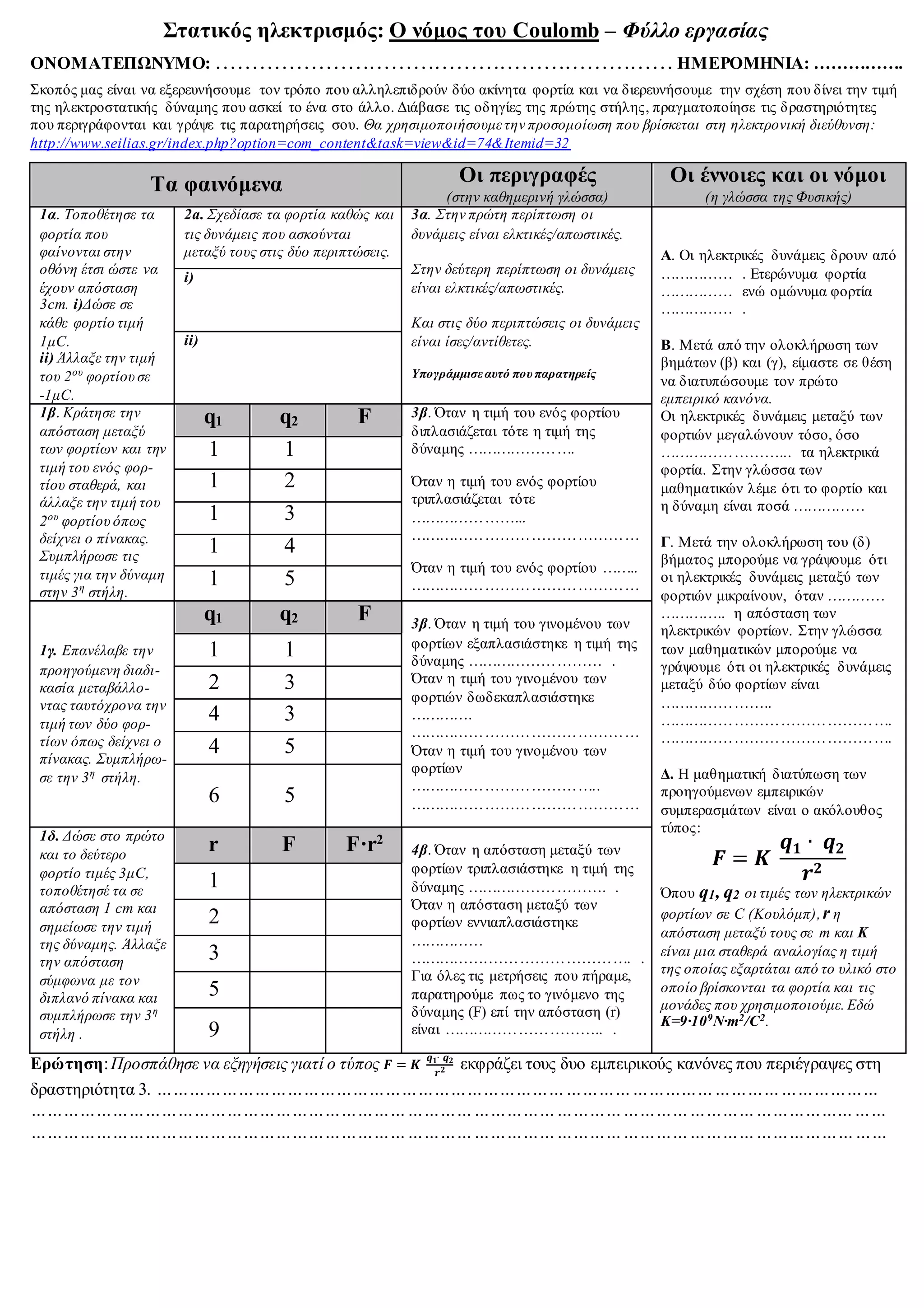 ο νόμος του Coulomb | DOCX