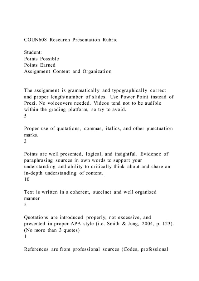 COUN608 Research Presentation RubricStudent