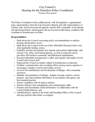 Job Description for Honolulu City Council Housing Coordinator | DOCX ...