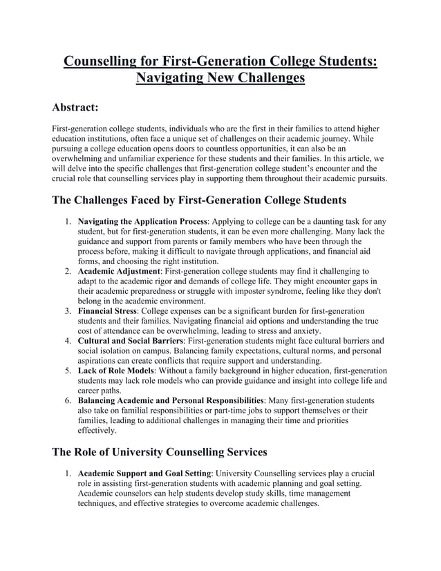 Counselling for First-Generation College Students: Navigating New ...