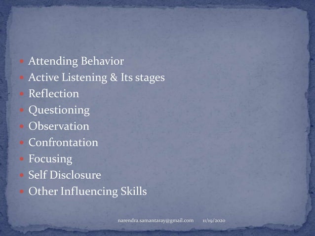 Counselling skills: Micro skills and stages of counselling | PPTX | Email | Internet