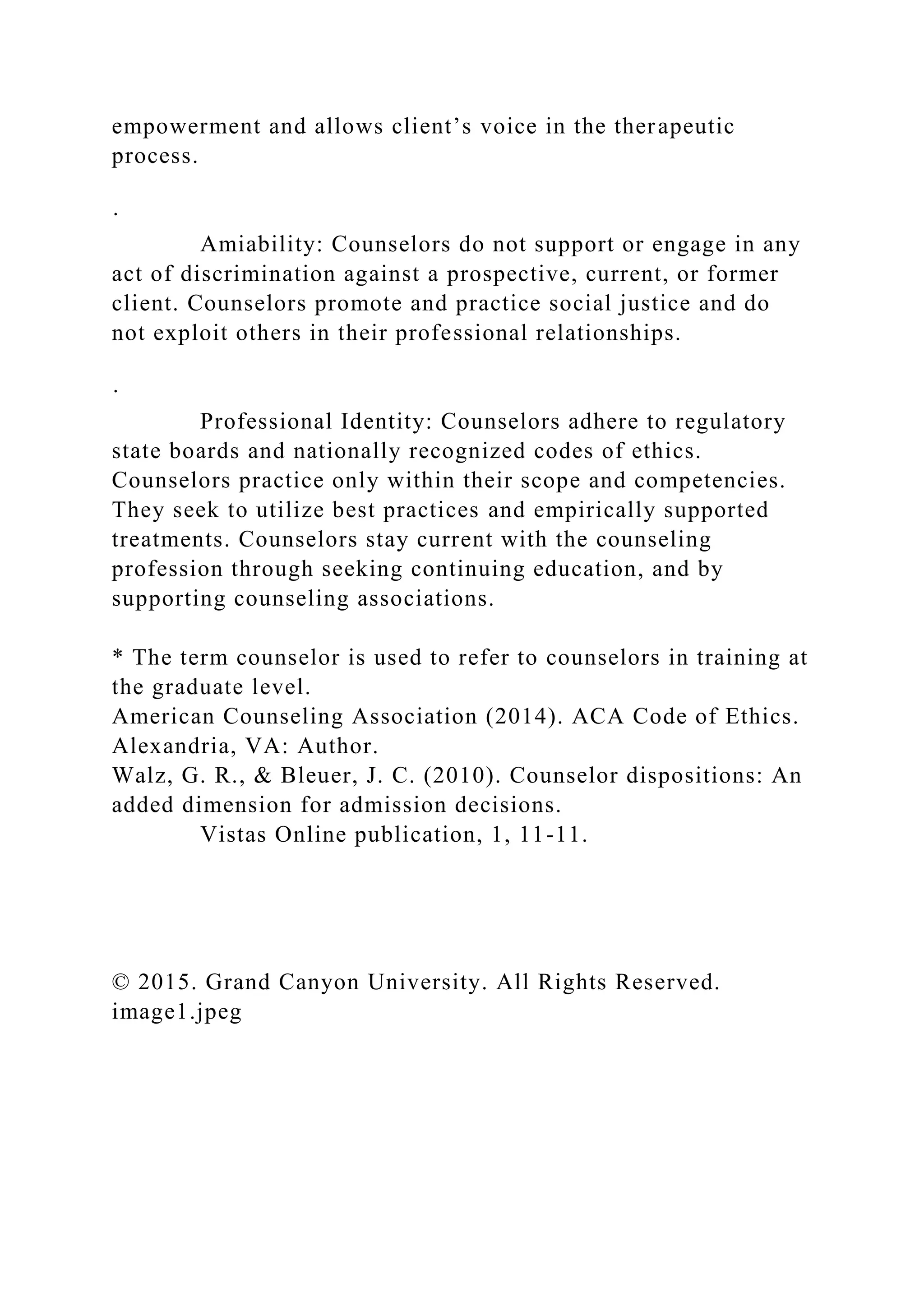 Counselor Dispositional Expectations Dispositions are the | DOCX