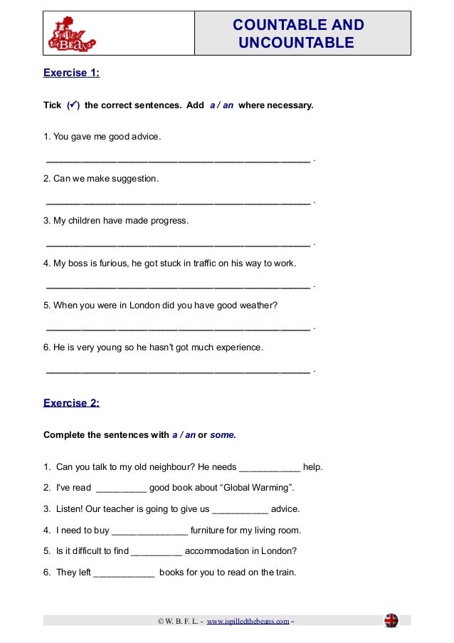 Countable And Uncountable Nouns Exercises
