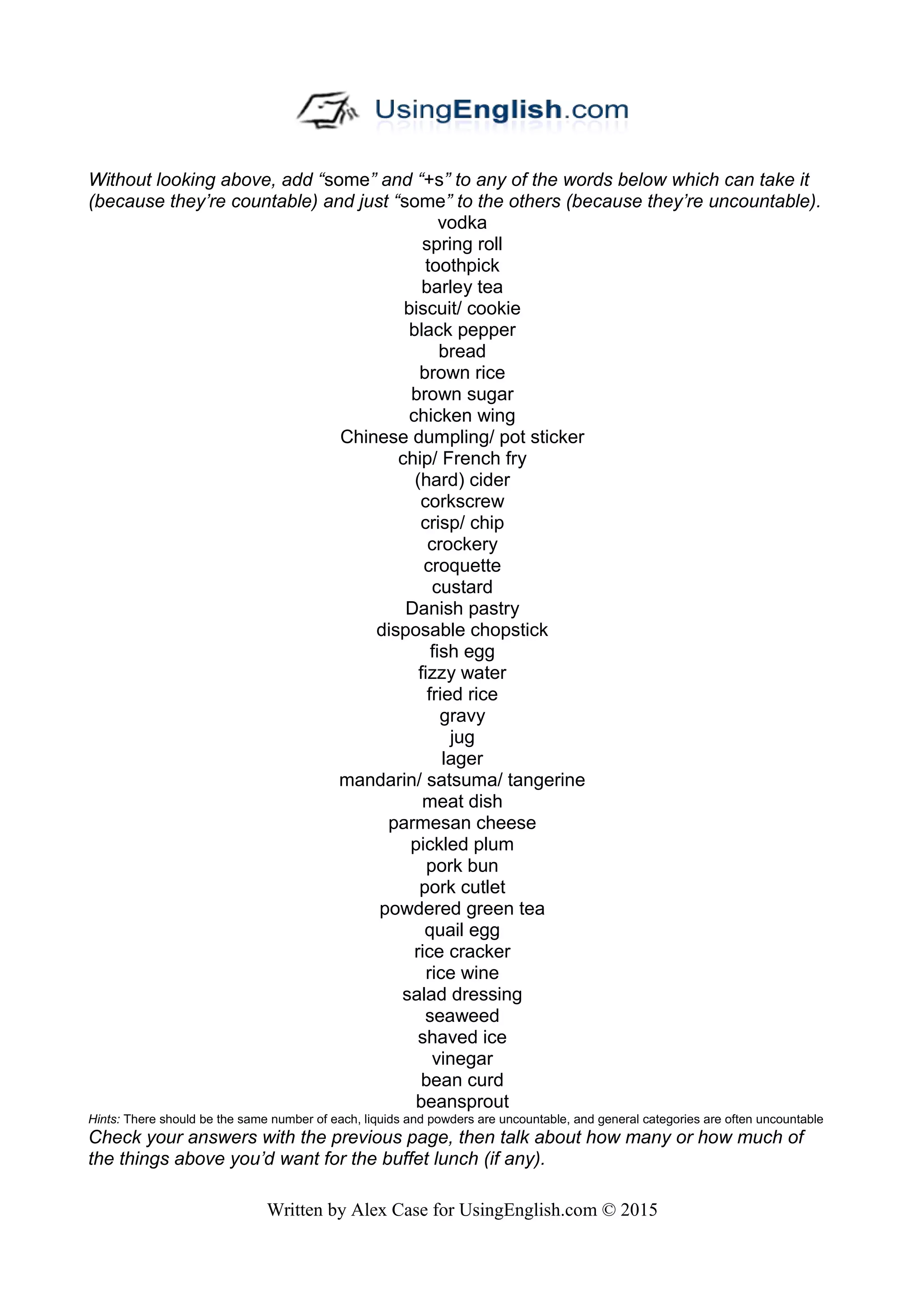 A buffet lunch Countable and uncountable nouns Roleplay | PDF