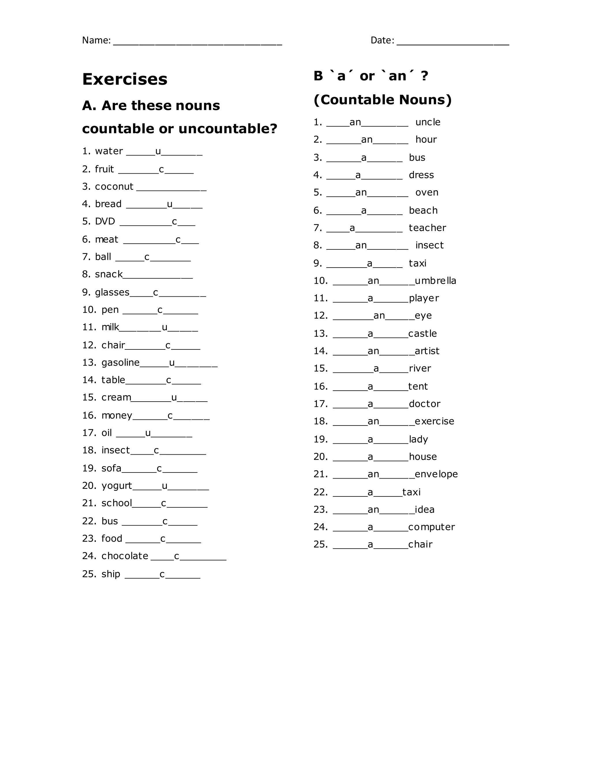 Countable and uncountable exercise | DOCX