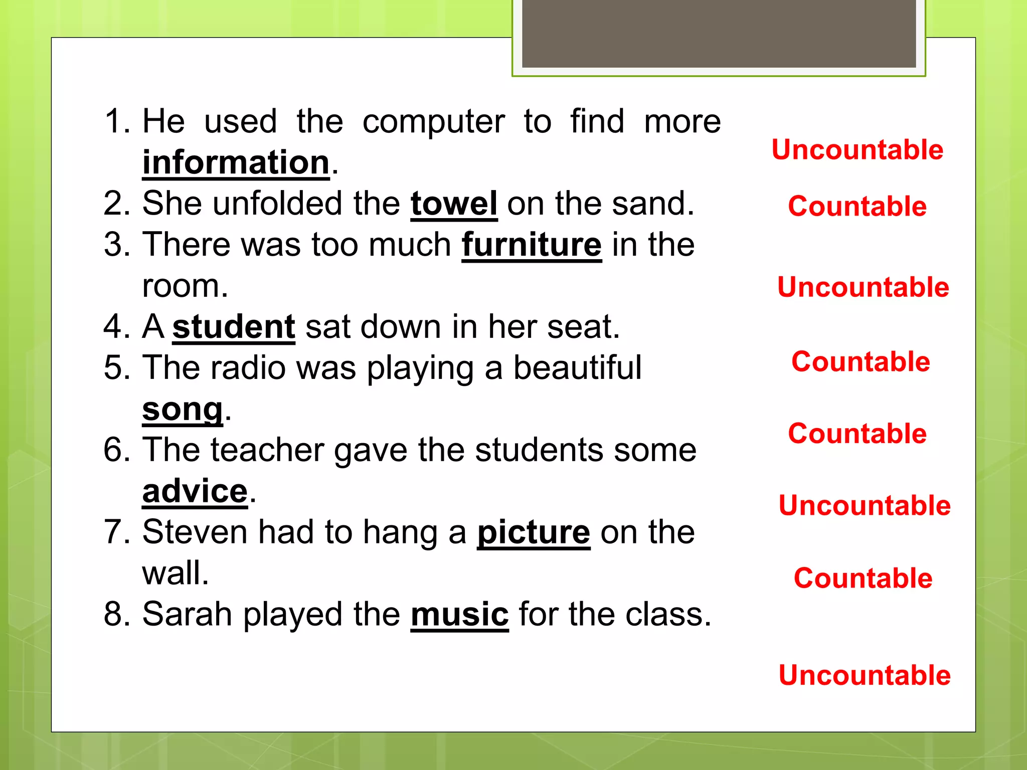 Countable and uncountable nouns, project, group 2 | PPTX
