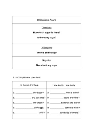 Countable and uncountable nouns exercise | DOC
