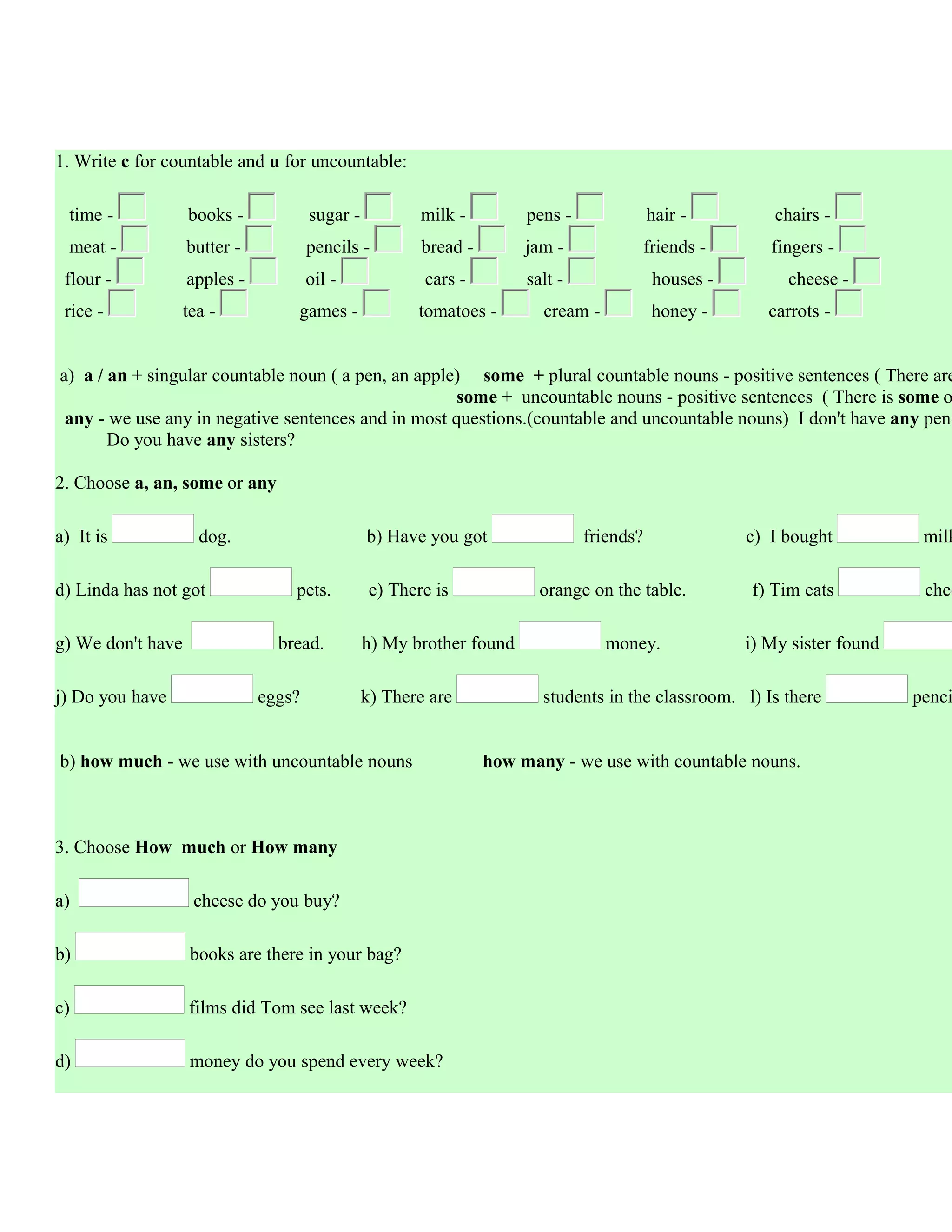Countable and uncountable nouns exercises | DOC | Food & Drink