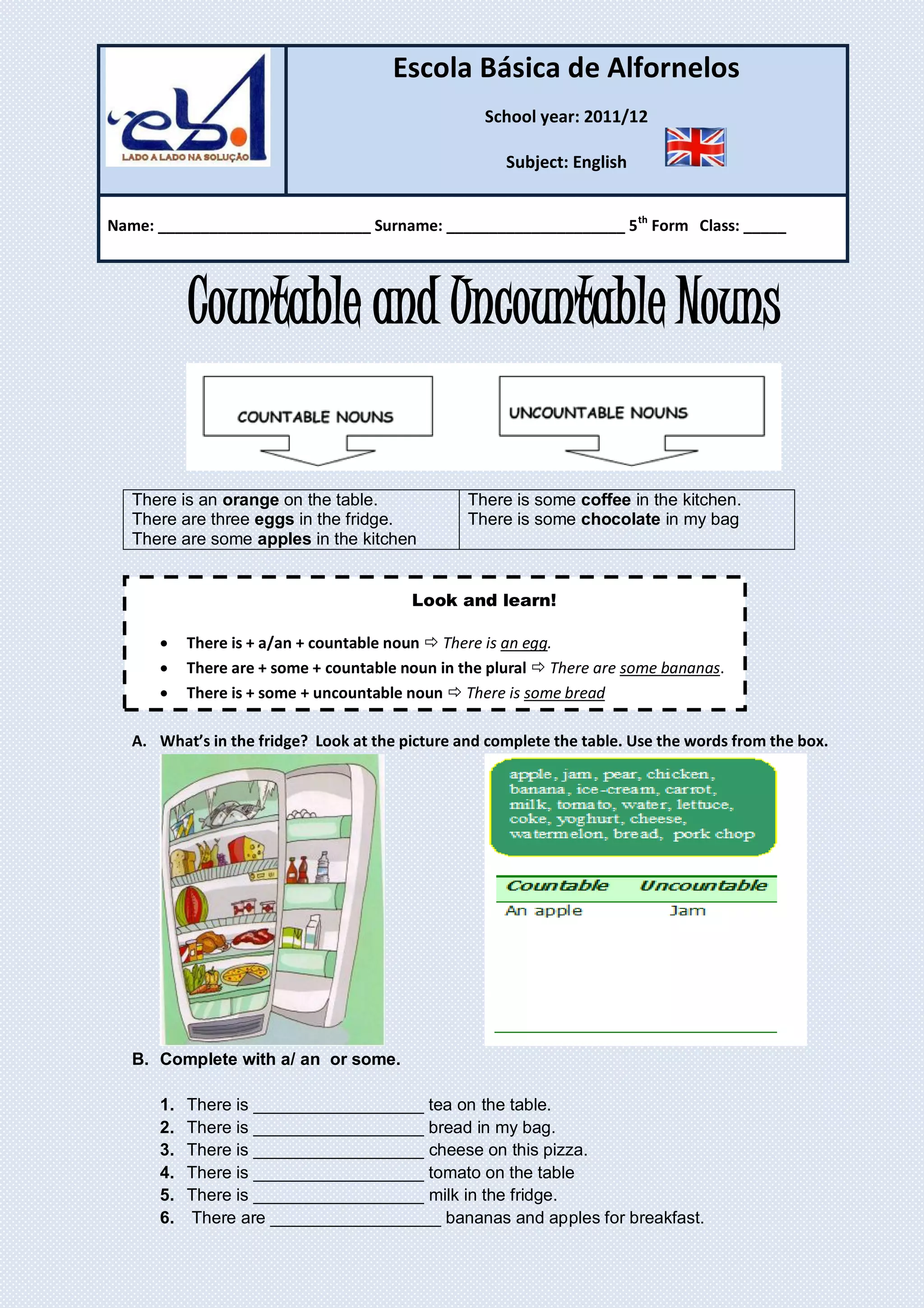 Countable and uncountable nouns ws | PDF