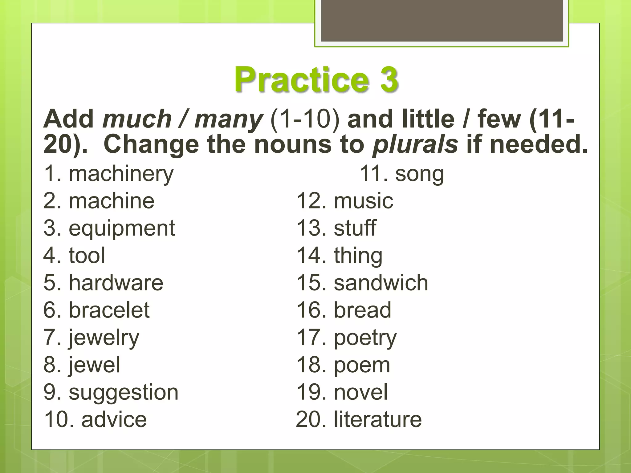 Countable, Uncountable & Plurals | PPT